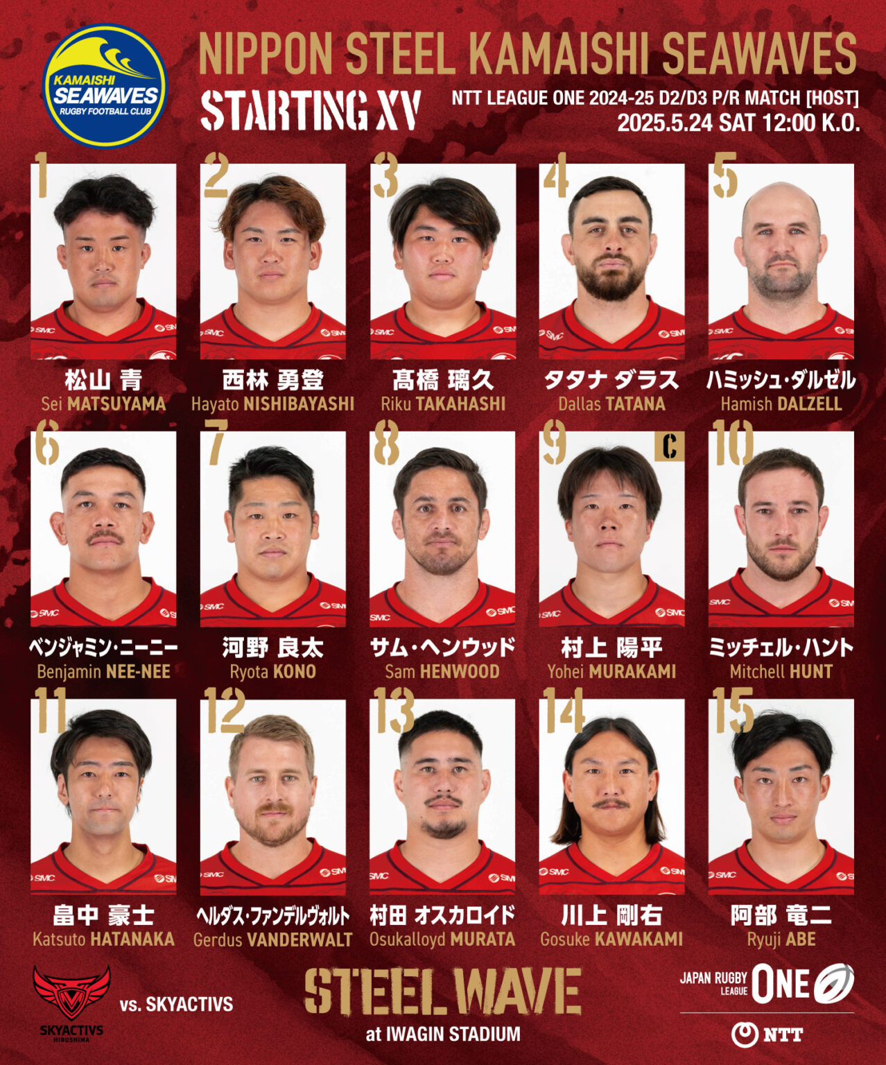 NTTジャパンラグビー リーグワン2024-25 D2/D3 入替戦 第1戦／マツダスカイアクティブズ広島戦 | 日本製鉄釜石シーウェイブス